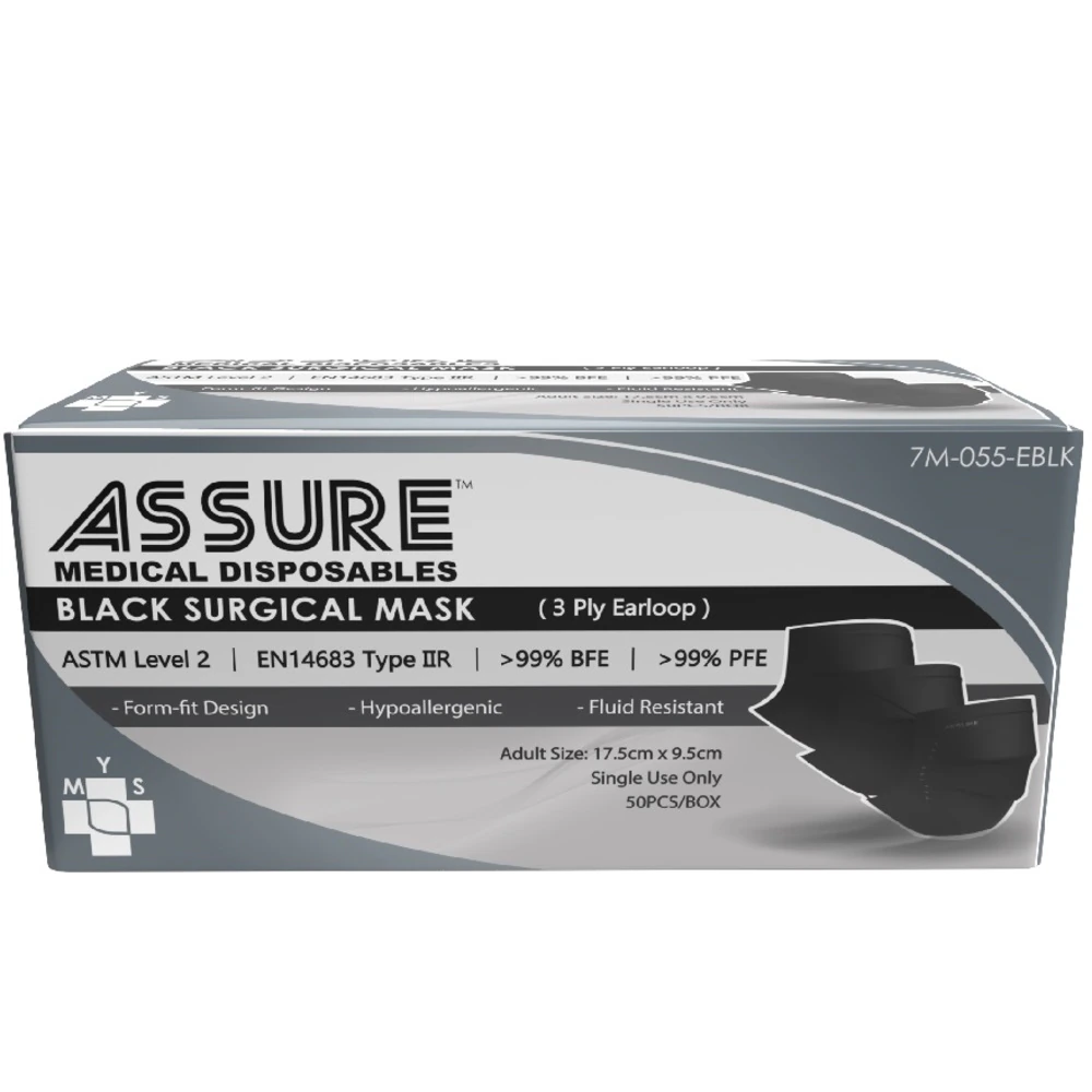 Protection Pack: ASSURE Black Disposable Surgical Face Mask 3-Ply with ...